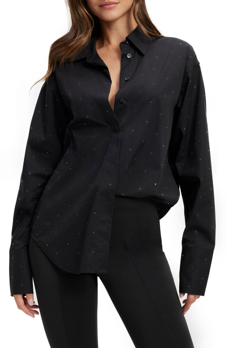 Good American Crystal Studded Oversize Stretch Poplin Shirt | Nordstromrack