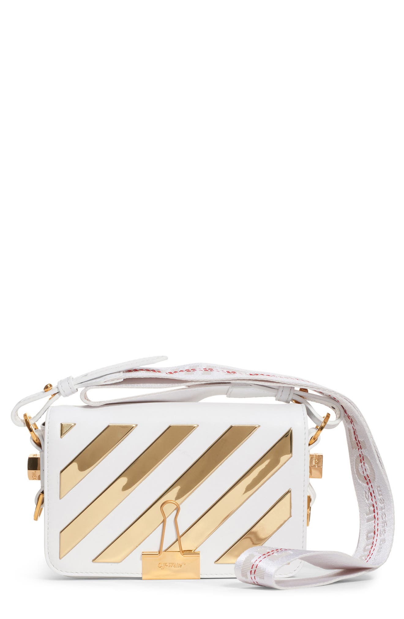 Off-White Mini Binder Clip Metallic Diagonal Stripe Leather Flap Bag ...