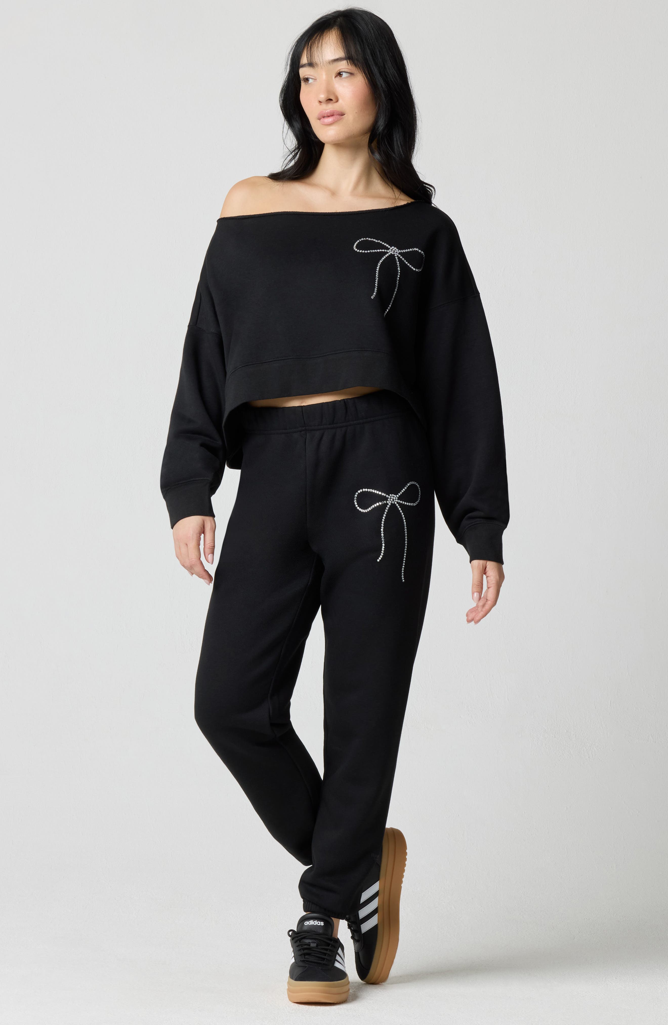 Florence by Mills Crystal Bow Off the Shoulder Crop Sweatshirt | Nordstrom