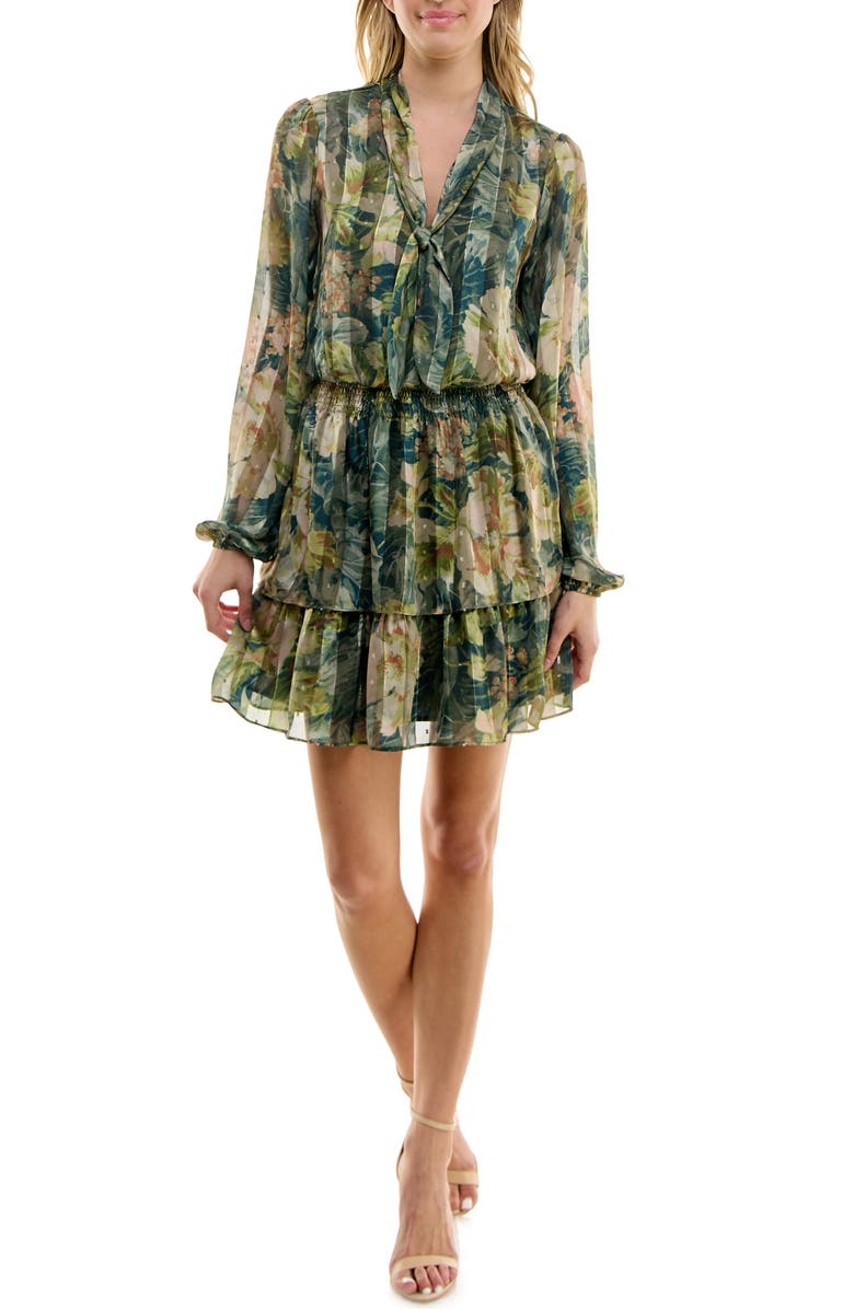 Socialite Floral Metallic Stripe Long Sleeve Tiered Clip Dot Minidress ...