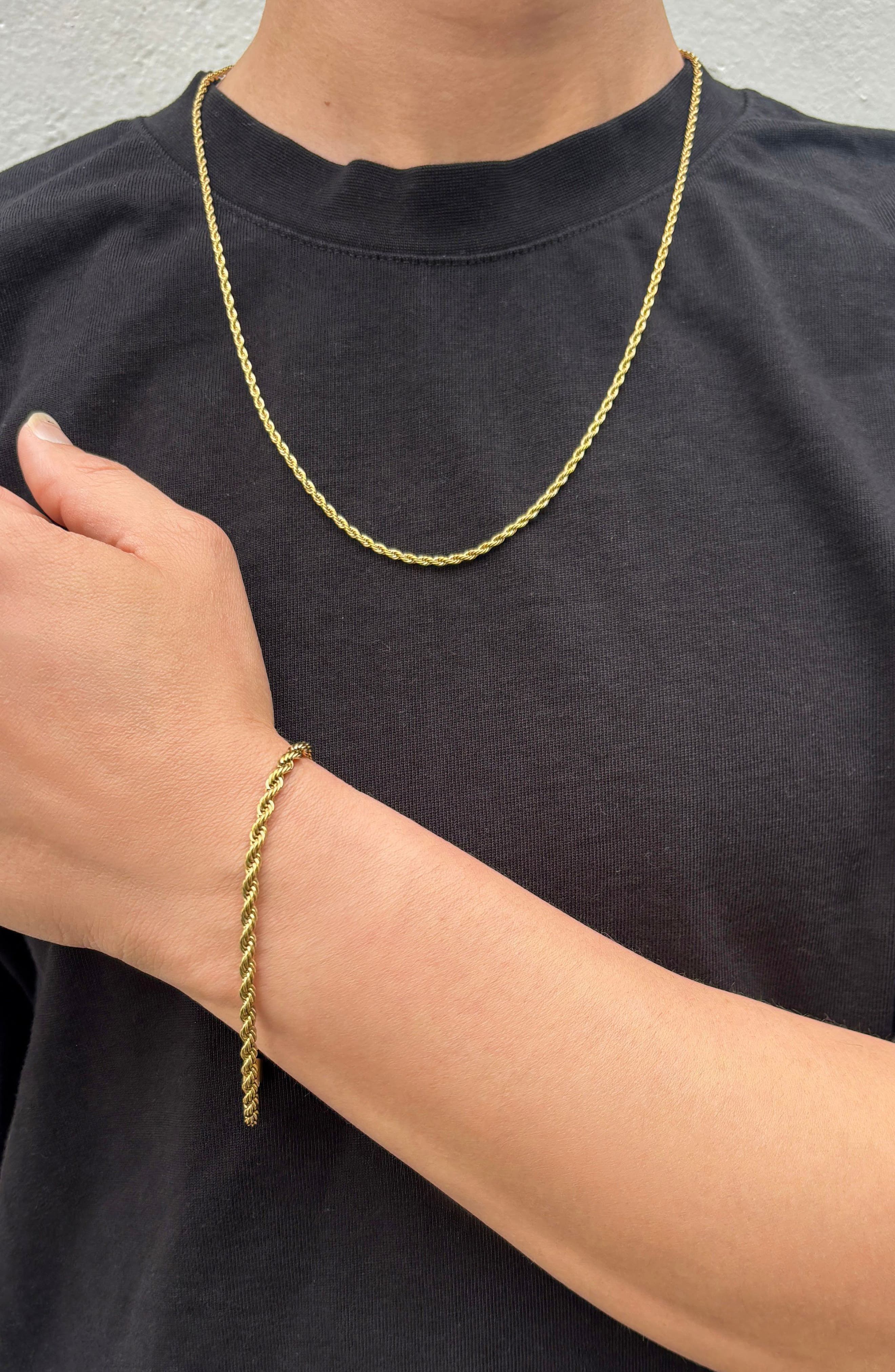 Men's 18K Gold Plated Stainless Steel Rope Chain Necklace & Bracelet ...