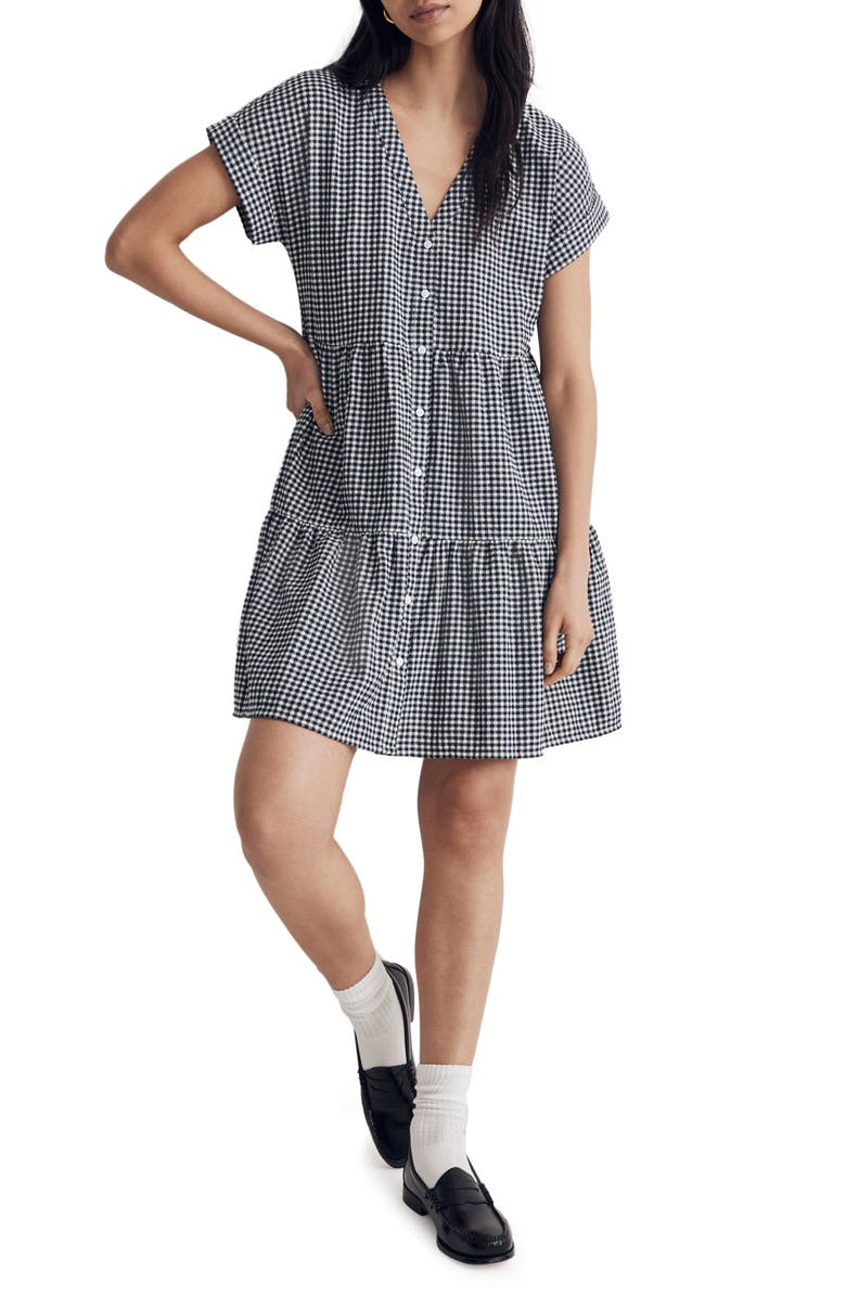 Madewell Gingham Check Cuff Sleeve Button Front Tiered Dress ...