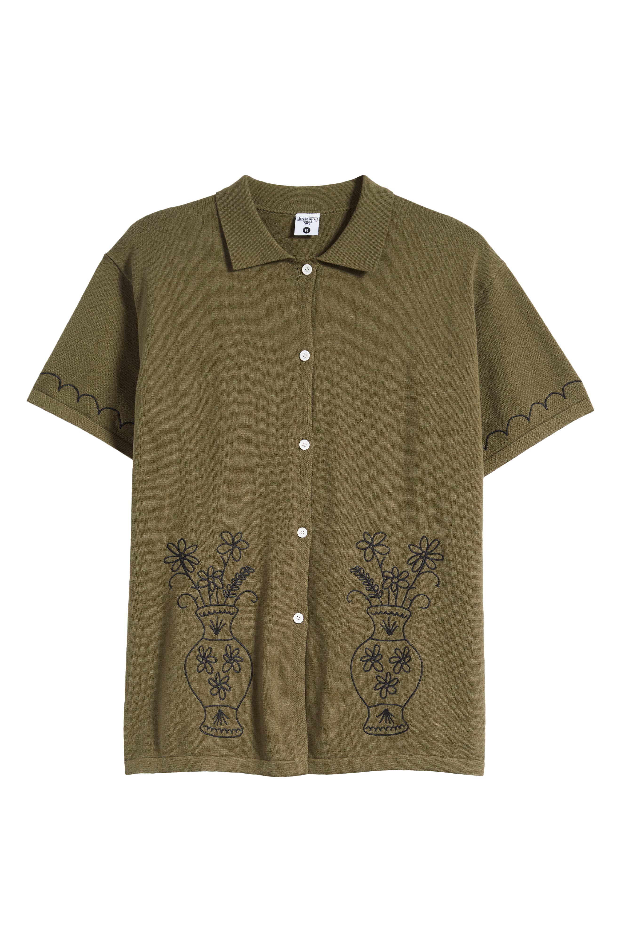 Service Works Embroidered Vase Knit Short Sleeve Button-Up Shirt ...