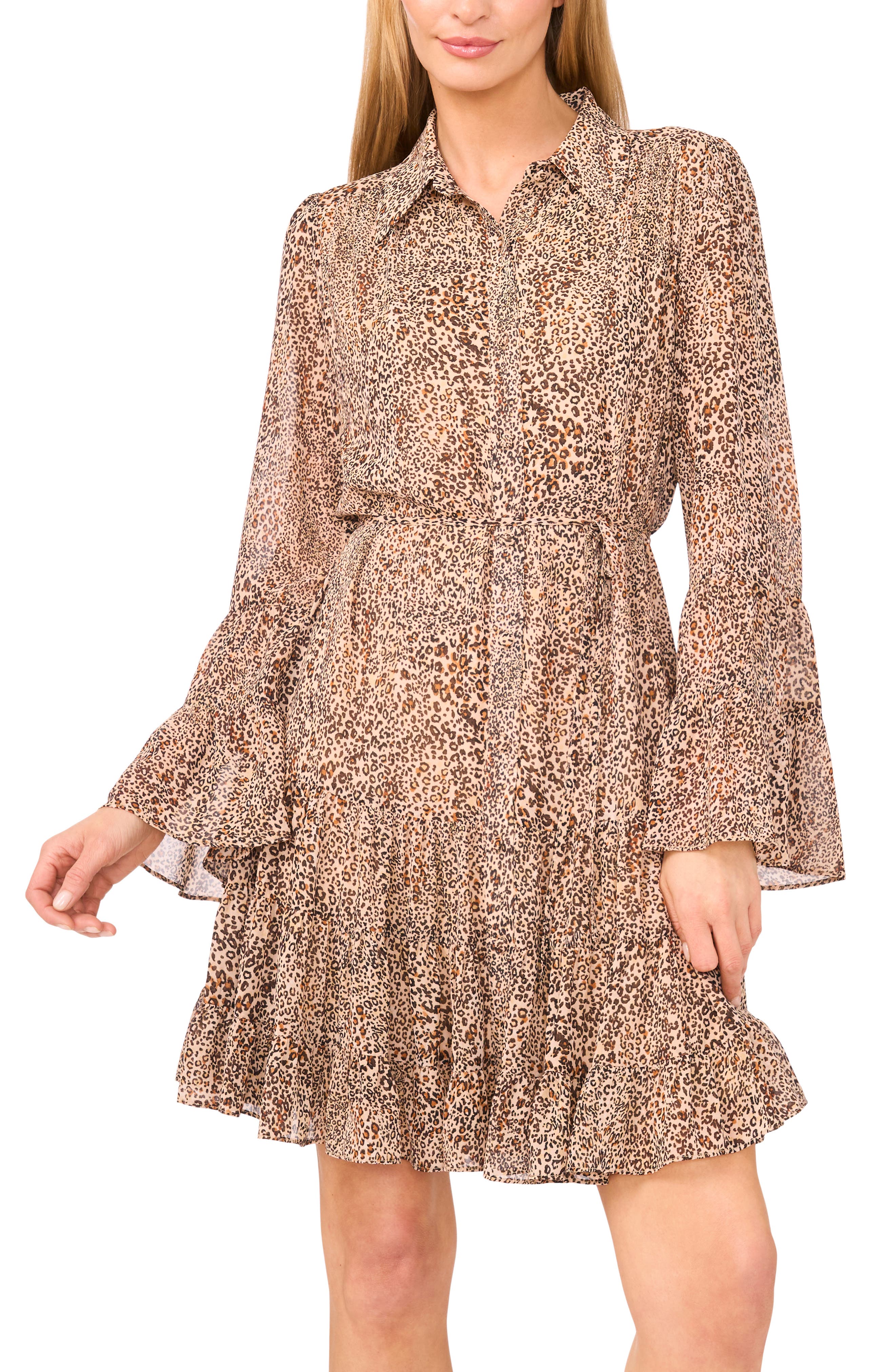 Leopard Tiered Long Sleeve Shirtdress (Women) | Nordstromrack