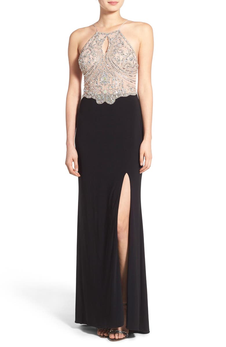 Blondie Nites Embellished Keyhole Front Halter Gown | Nordstrom