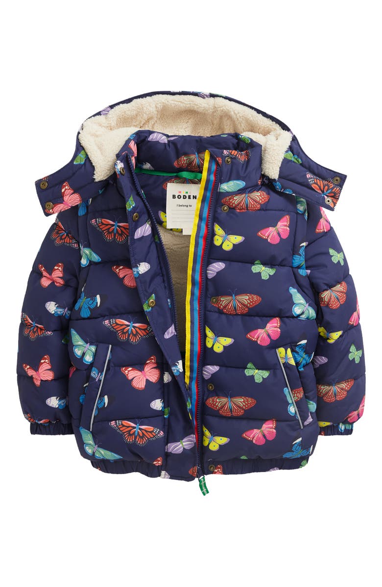 Mini Boden Kids' Print Puffer Jacket with High Pile Fleece Lining ...