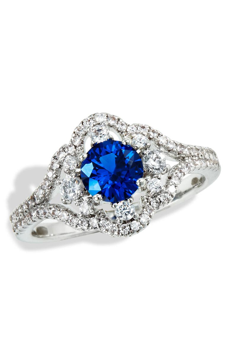 SAVVY CIE JEWELS Rhodium Plated Lab Created Sapphire Halo Ring ...