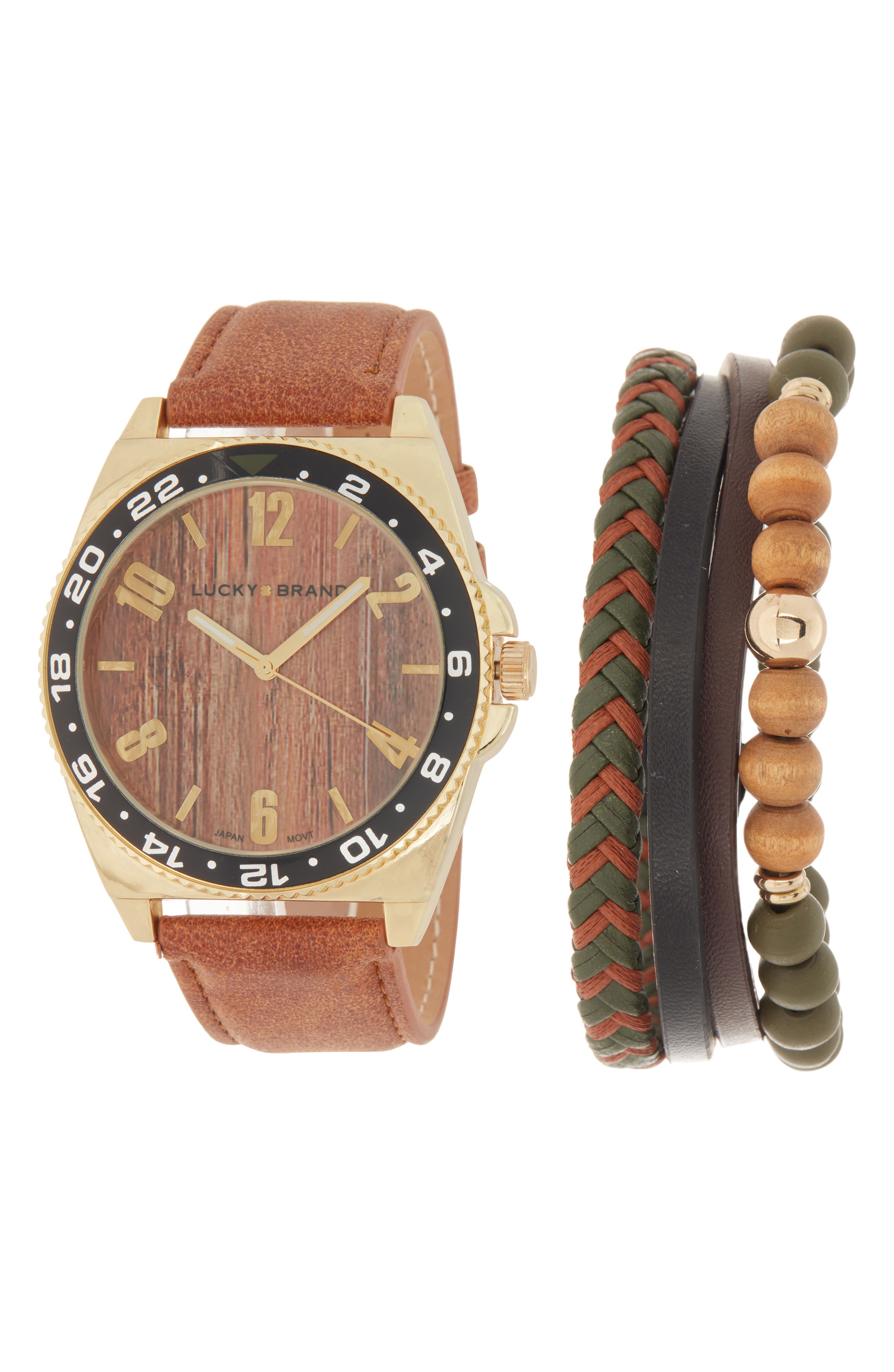 Lucky Brand Alistair Leather Strap Watch & Stack Bracelet Set ...