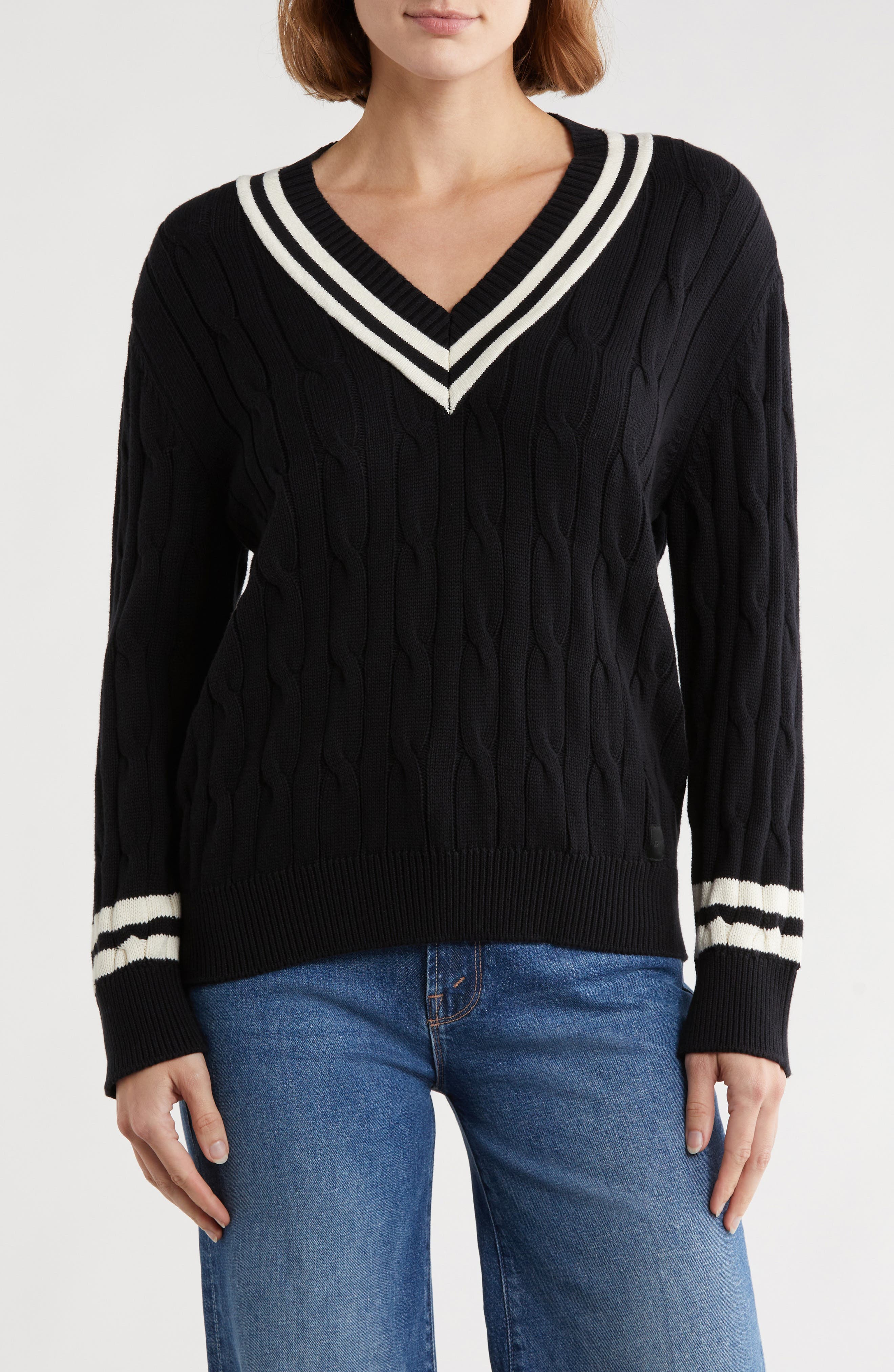 DKNY Tipped Stripe V-Neck Cotton Sweater | Nordstromrack