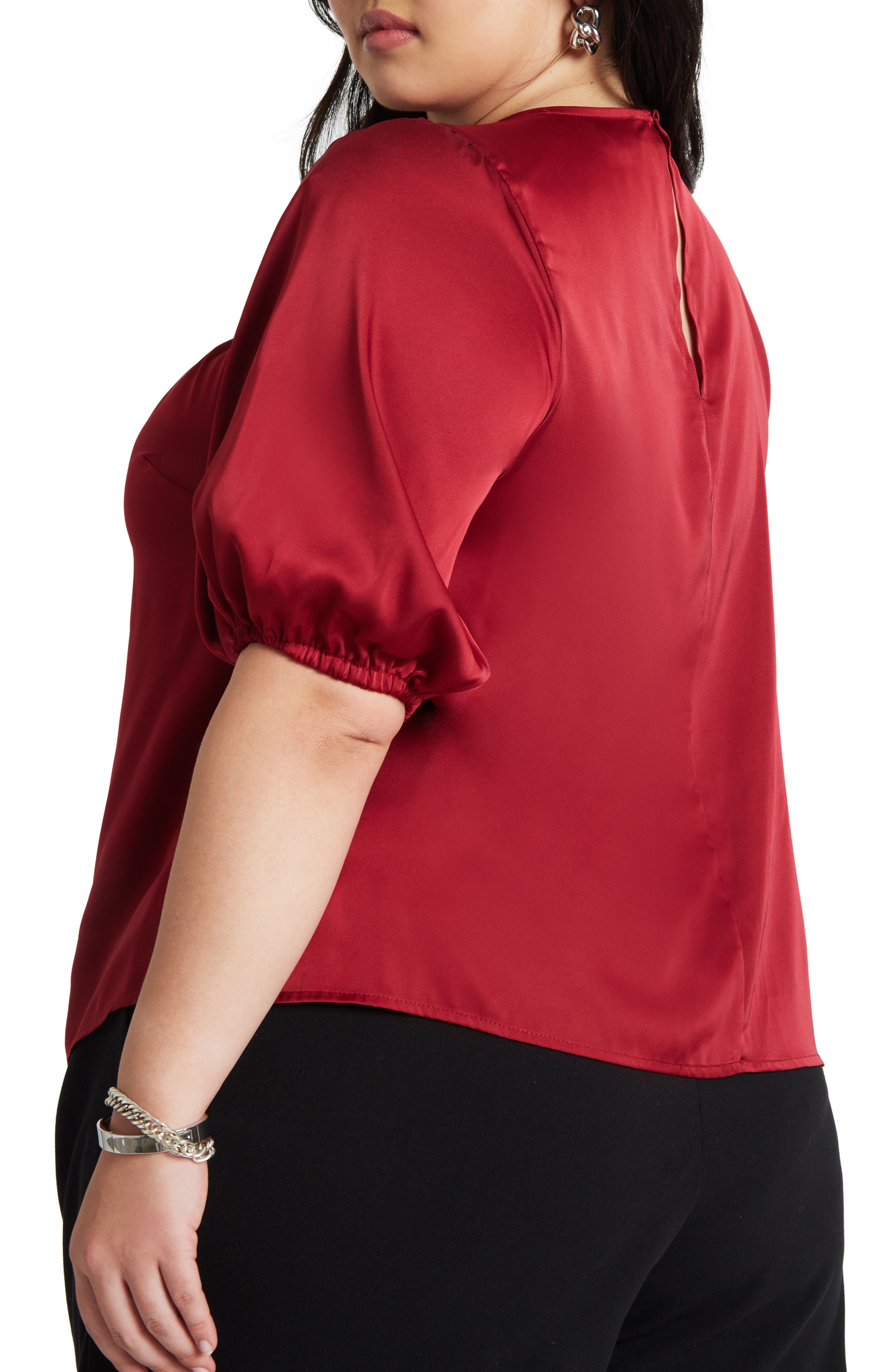 ELOQUII Twist Neck Puff Sleeve Satin Top | Nordstrom