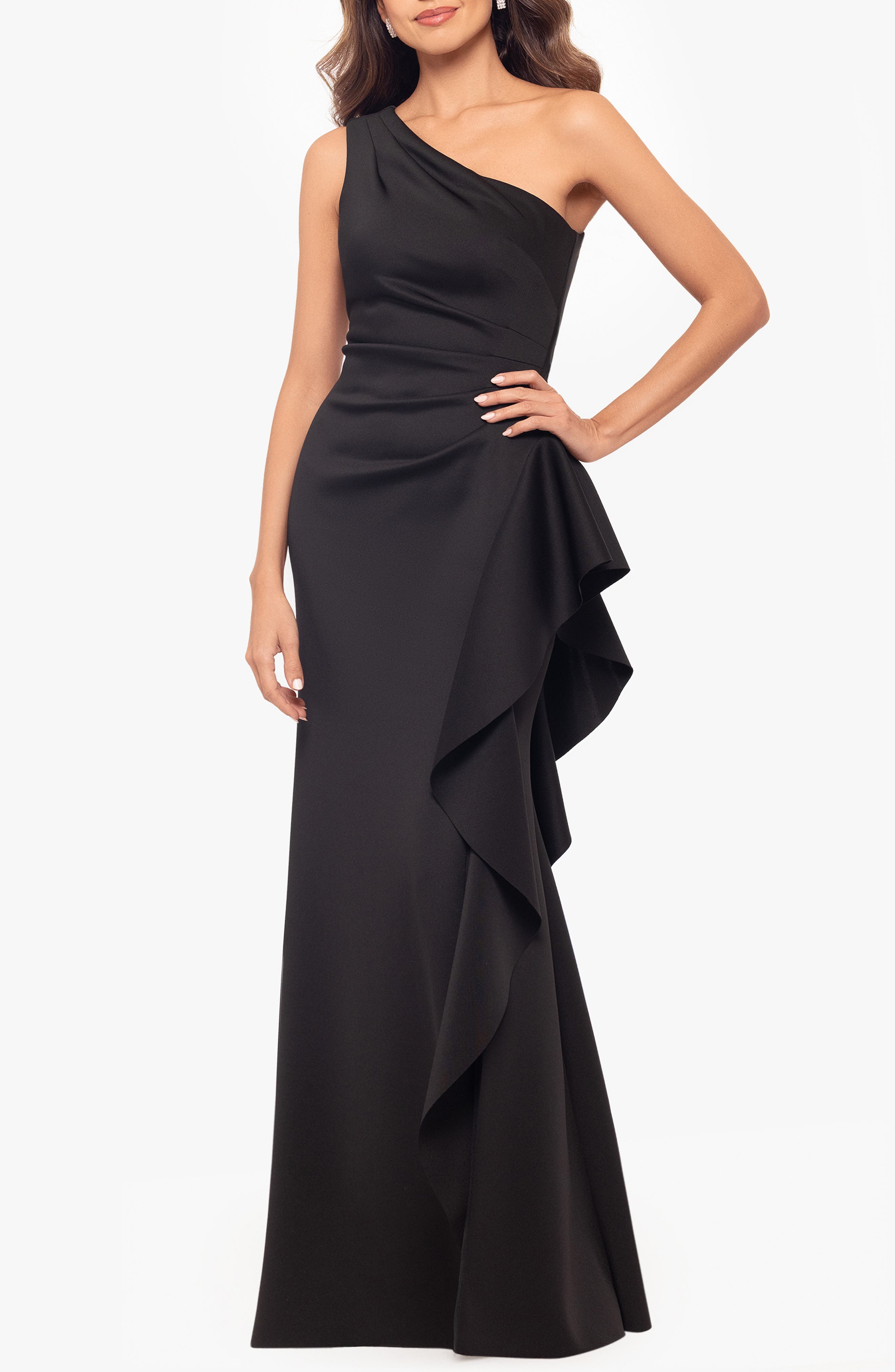 Xscape Evenings One-Shoulder Ruffle Scuba Crepe Gown | Nordstrom