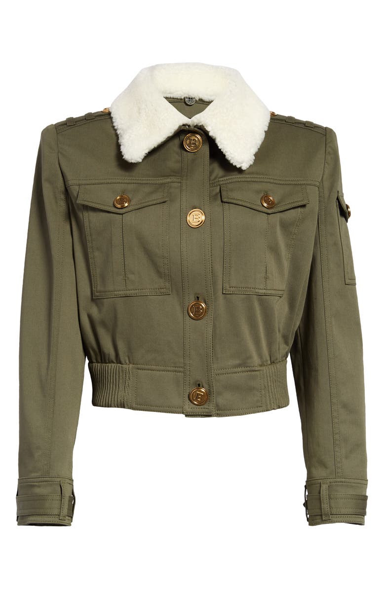Balmain Genuine Shearling Trim Crop Denim Jacket | Nordstrom