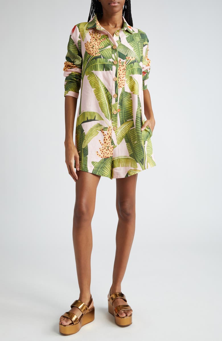 FARM Rio Banana Leaves Linen Blend Romper | Nordstromrack