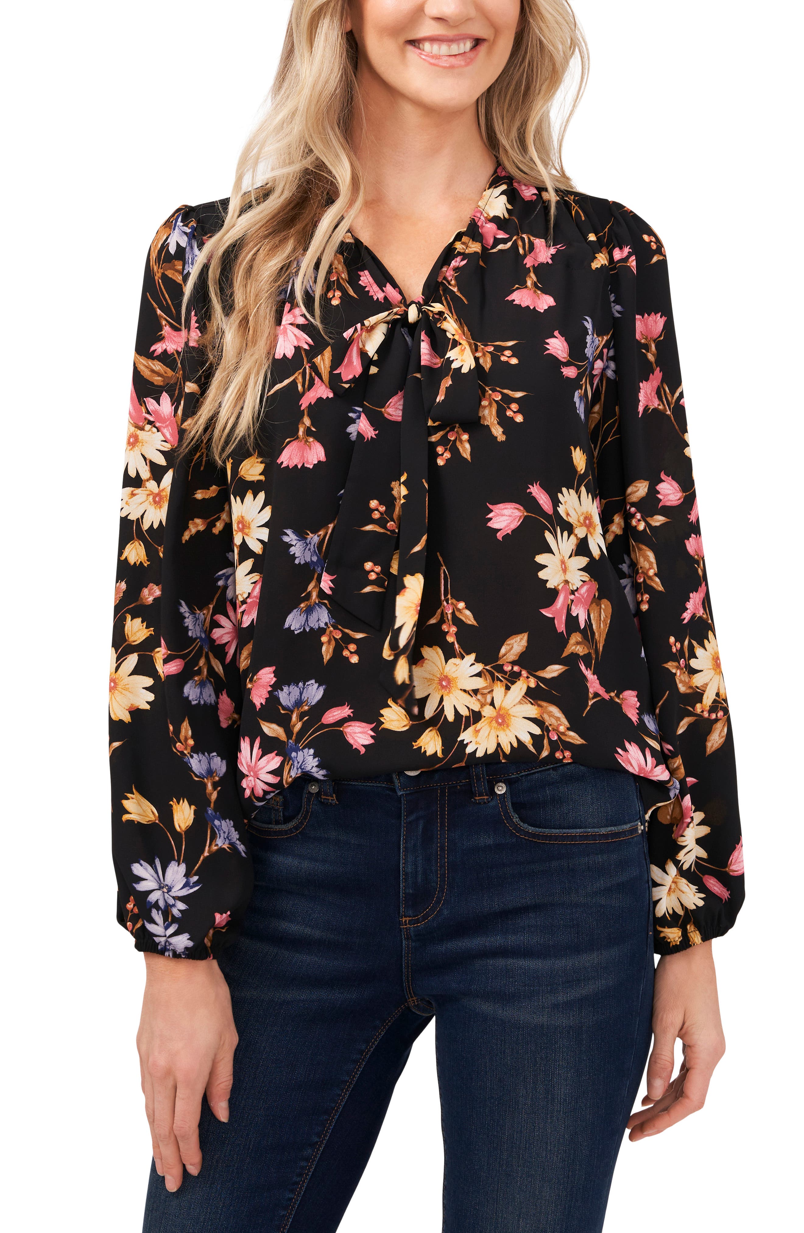 CeCe Dolce Floral Print Tie Neck Blouse | Nordstromrack