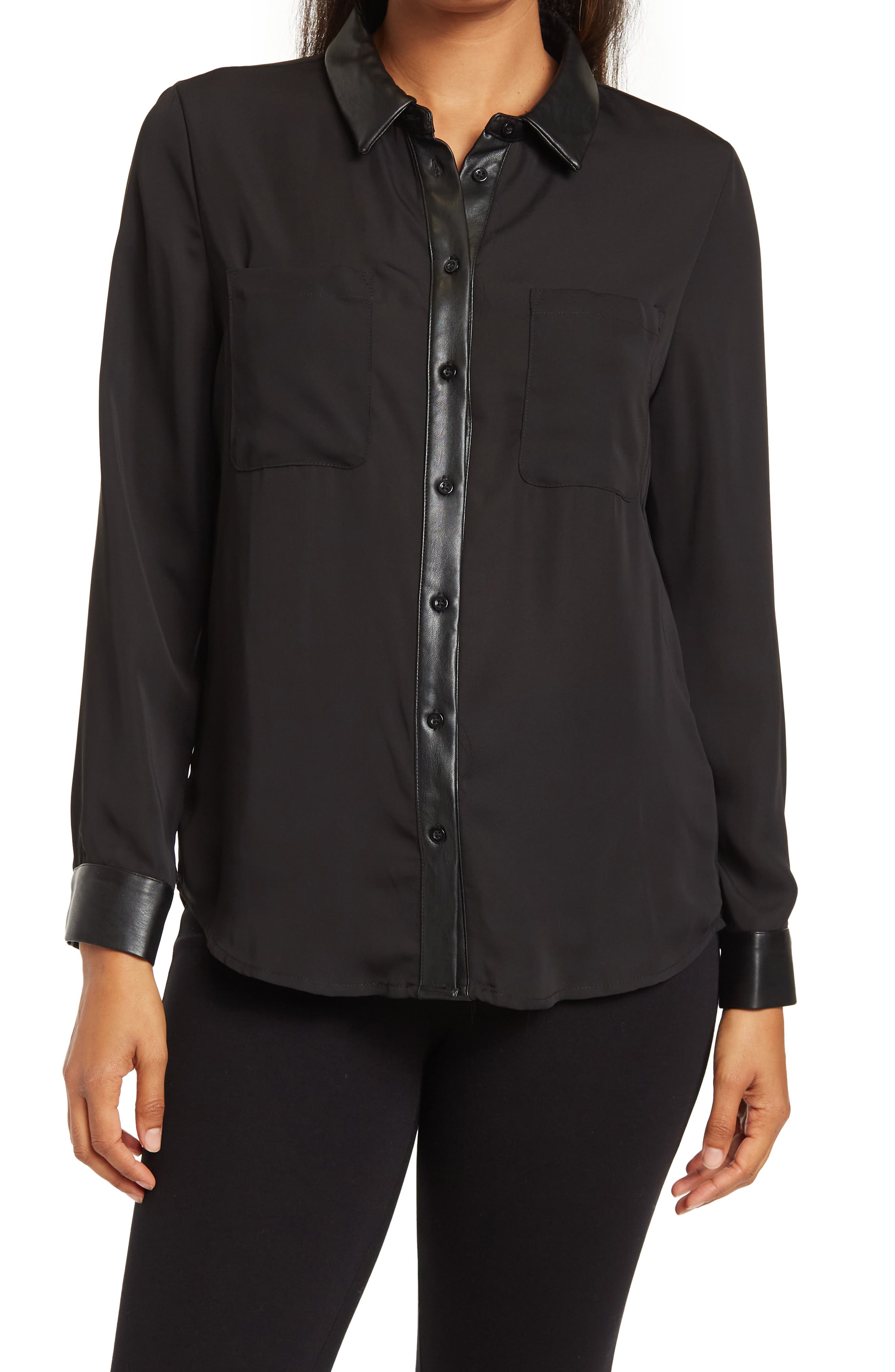 Ellen Tracy Faux Leather Trim Button-Up Shirt | Nordstromrack
