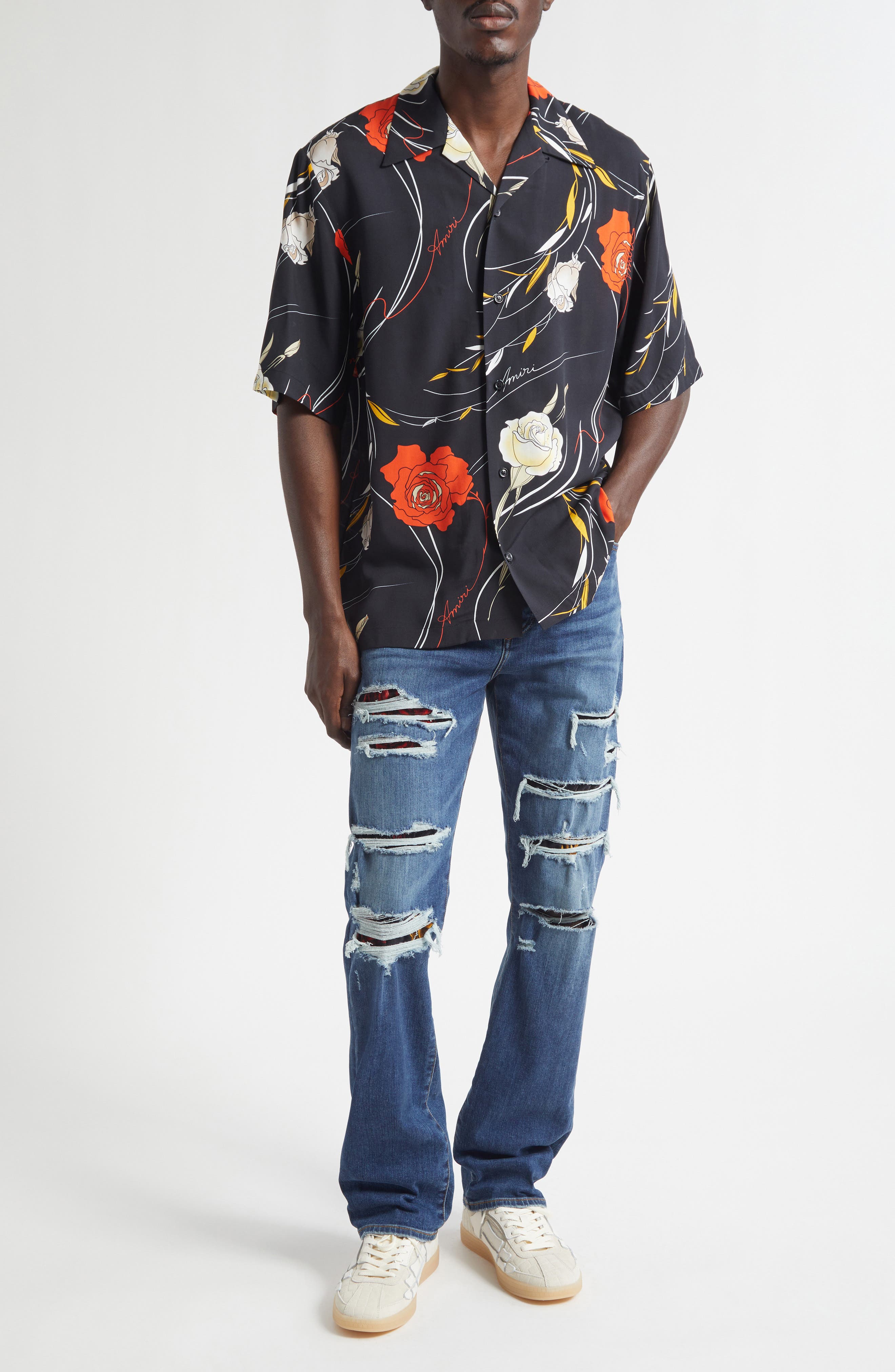 AMIRI Thrasher Slim Fit Distressed Floral Velvet Patch Jeans | Nordstrom