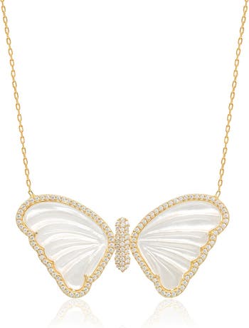 GABI RIELLE Mother of Pearl & CZ Halo Butterfly Pendant Necklace ...
