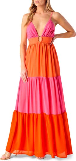 FLYING TOMATO Colorblock Tiered Maxi Sundress | Nordstromrack