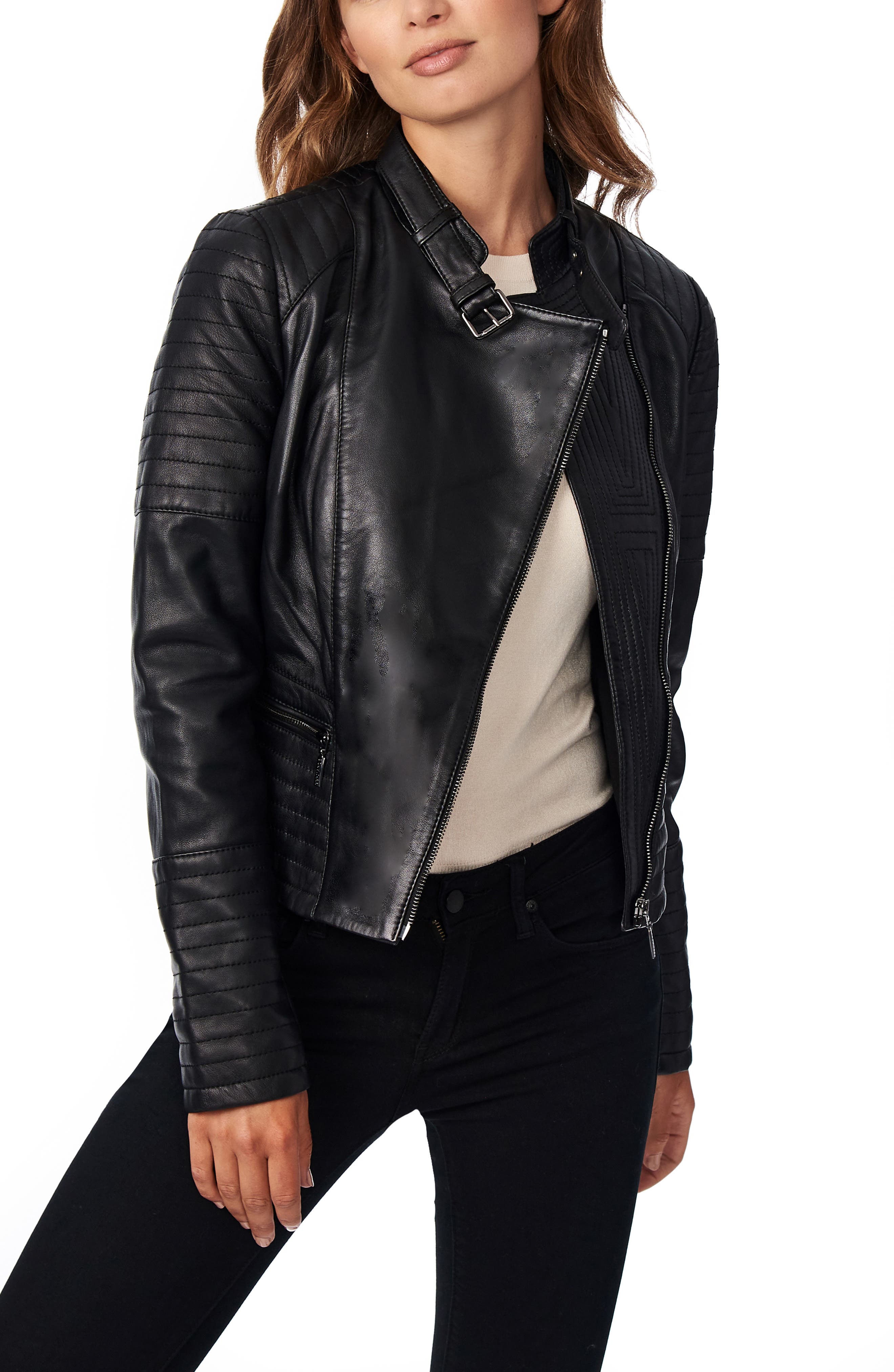 Bernardo Stitch Detail Sheepskin Leather Moto Jacket | Nordstromrack