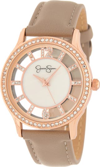 Jessica Simpson Crystal Leather Strap Watch, 38mm | Nordstromrack