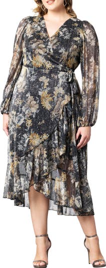Kiyonna Clara Floral Metallic Midi Wrap Dress | Nordstrom