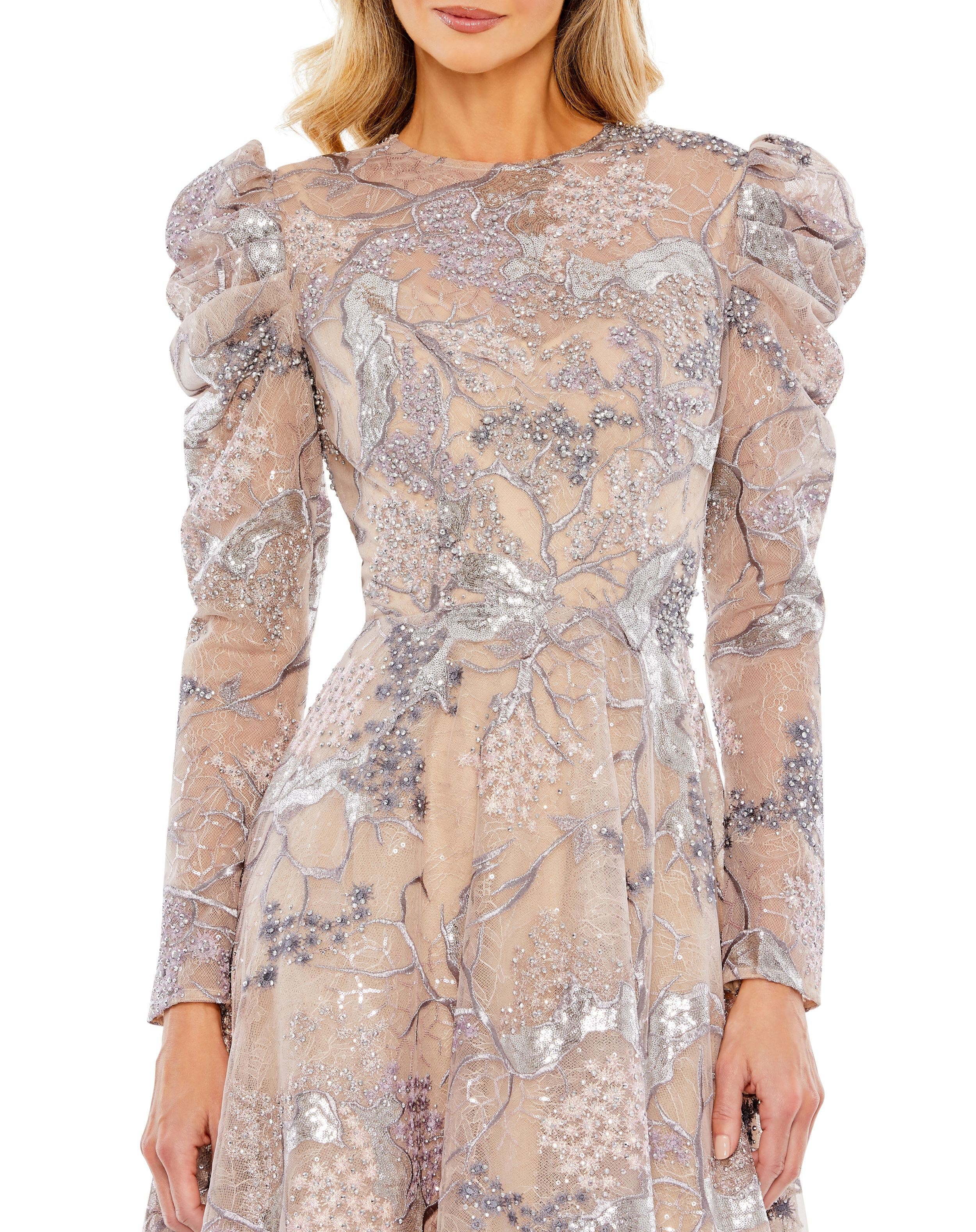Mac Duggal Embellished High Neck Puff Sleeve A-Line Dress | Nordstrom