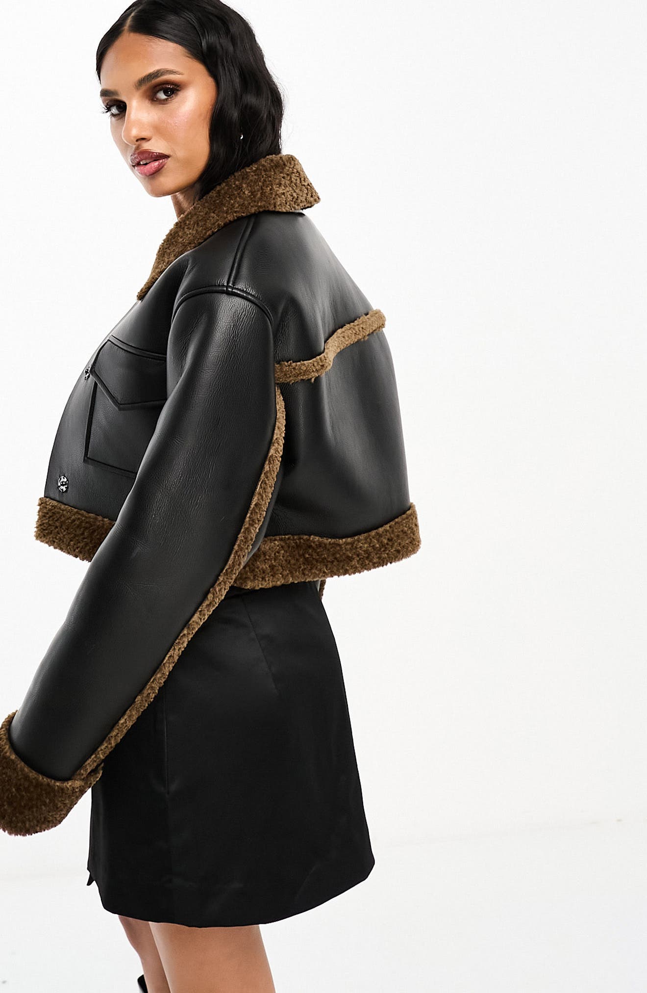 ASOS DESIGN Faux Shearling Crop Shacket | Nordstrom