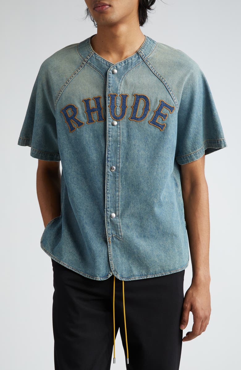 Rhude Embroidered Logo Denim Baseball Shirt | Nordstromrack