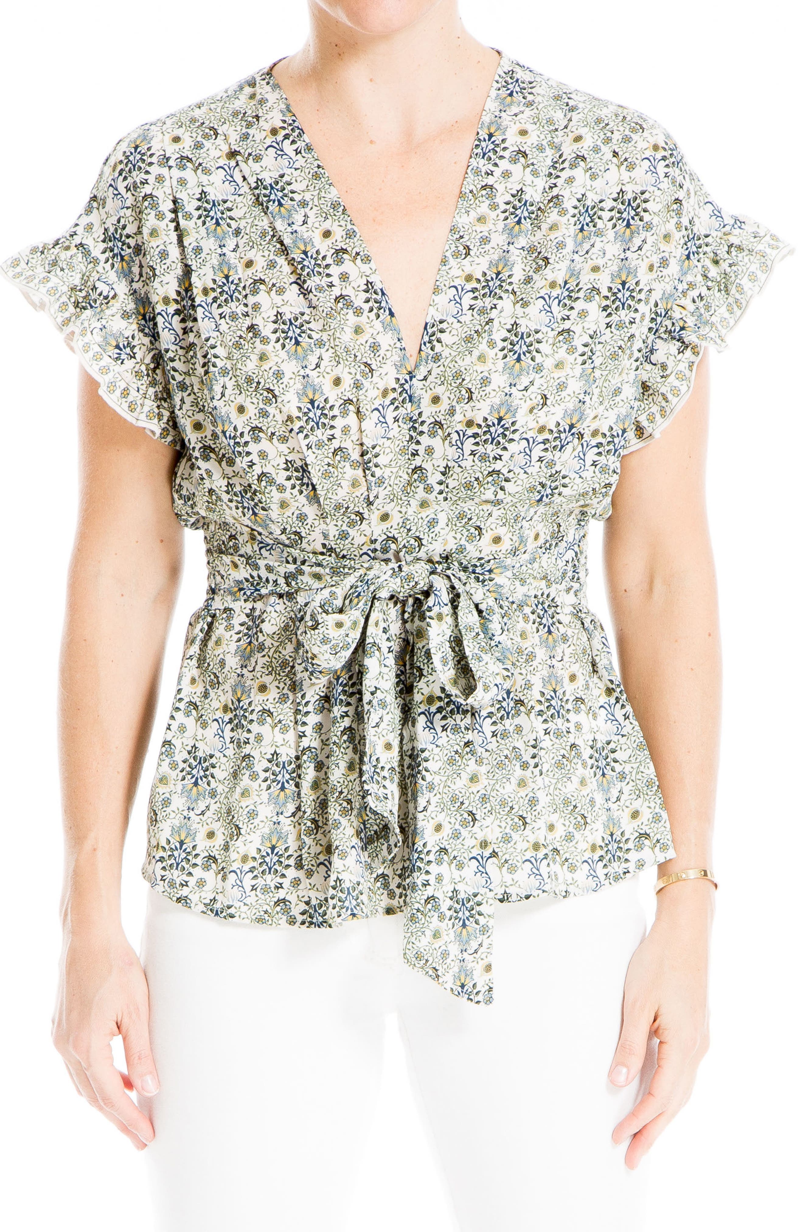MAX STUDIO Ruffle Cap Sleeve Tie Waist Blouse | Nordstromrack