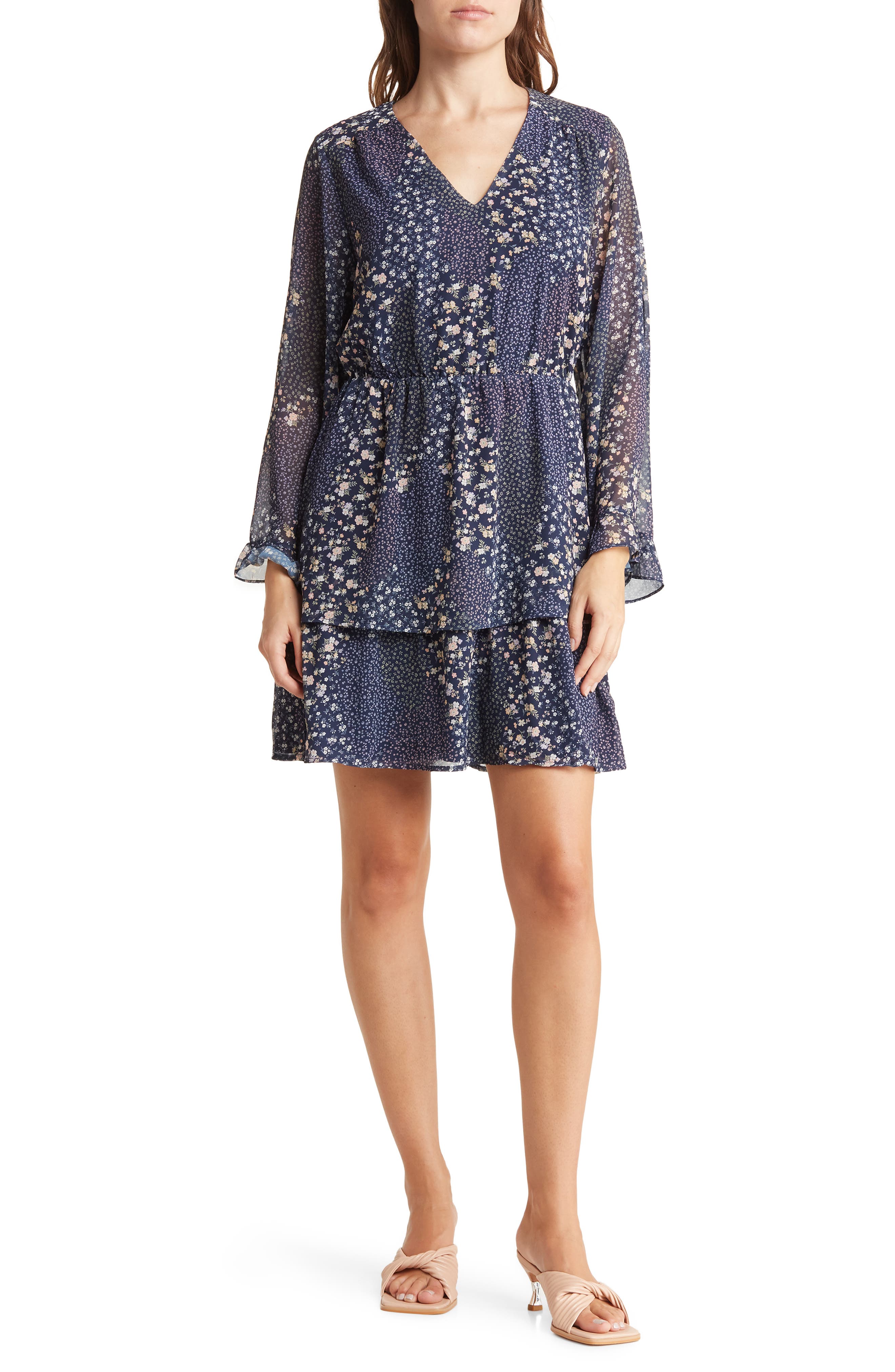 Collective Concepts Floral Patchwork Long Sleeve Tiered Minidress ...