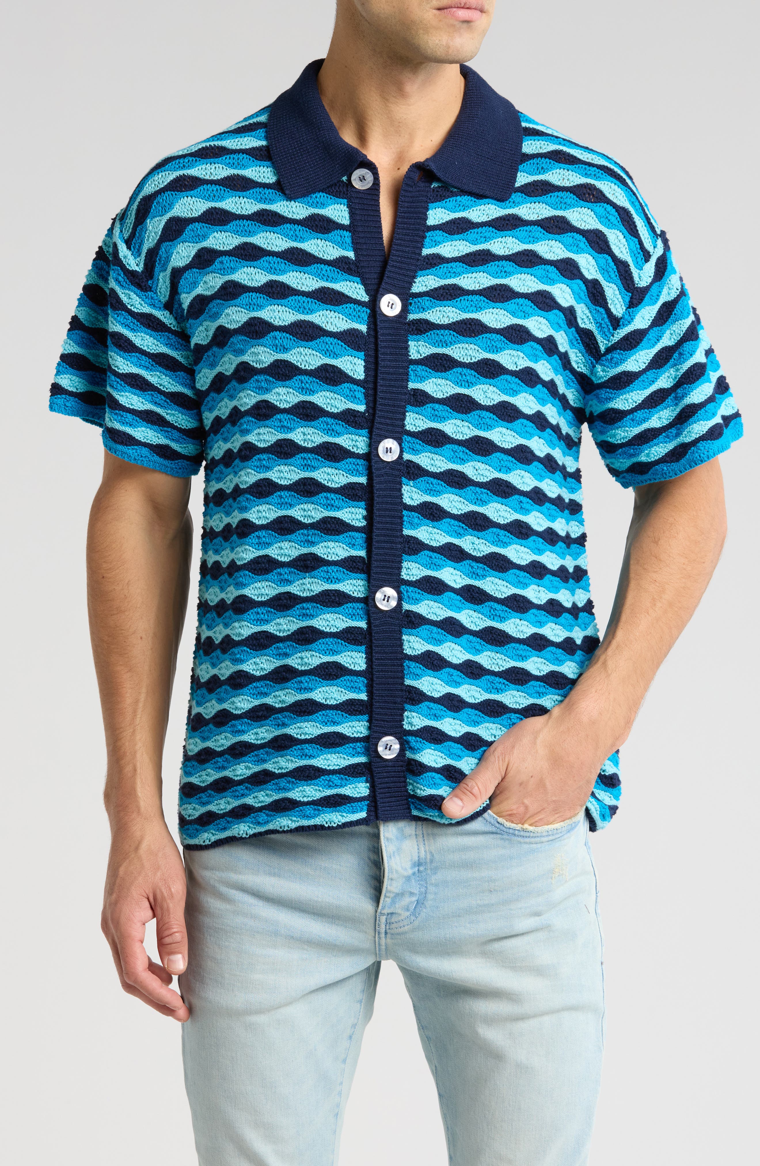DIET STARTS MONDAY Beach Wave Short Sleeve Knit Button-Up Shirt ...