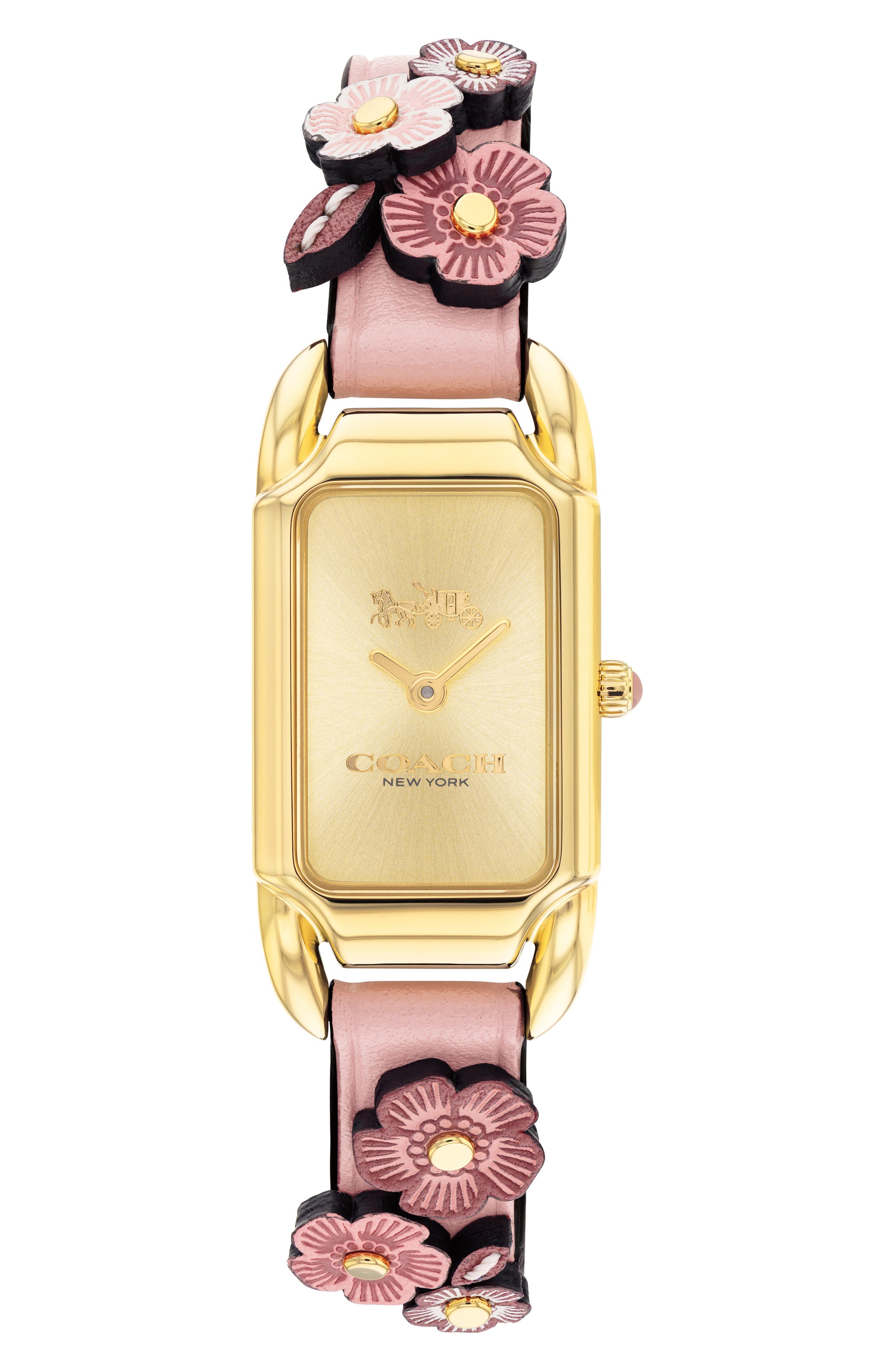 COACH Cadie Rectangular Floral Leather Strap Watch, 17.5mm x 28.5mm ...