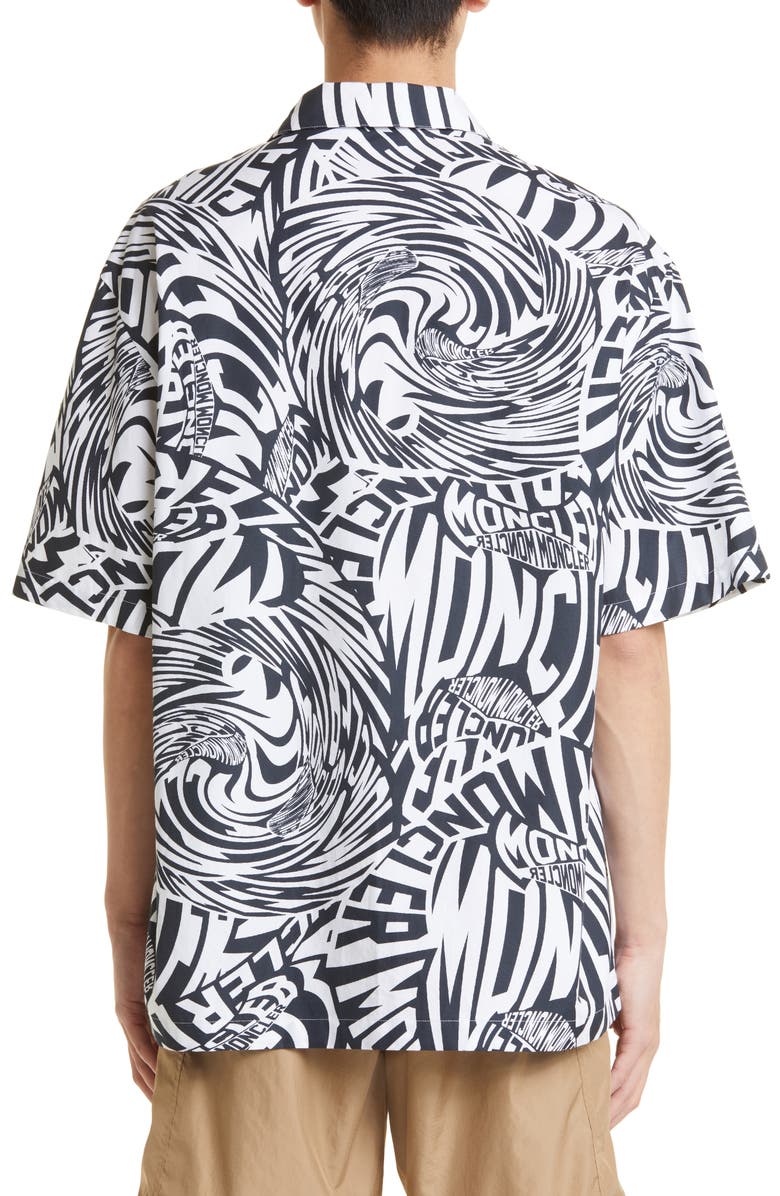 Moncler Wavy Logo Print Short Sleeve Cotton Poplin Button-Up Shirt ...