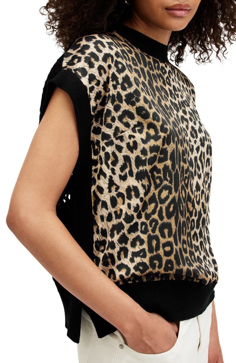 AllSaints Marti Leppo Leopard Print Mixed Media Top | Nordstromrack