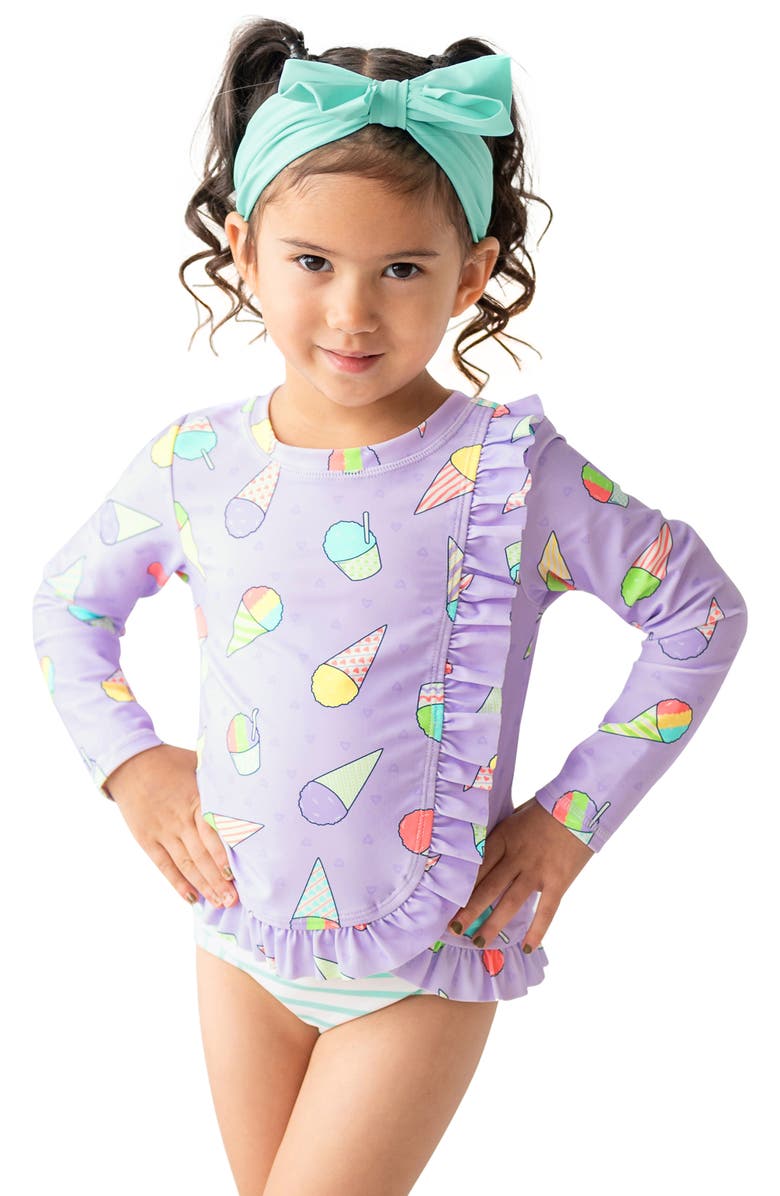 RuffleButts Snow Cones Ruffled Long Sleeve Two-Piece Rashguard Swimsuit ...