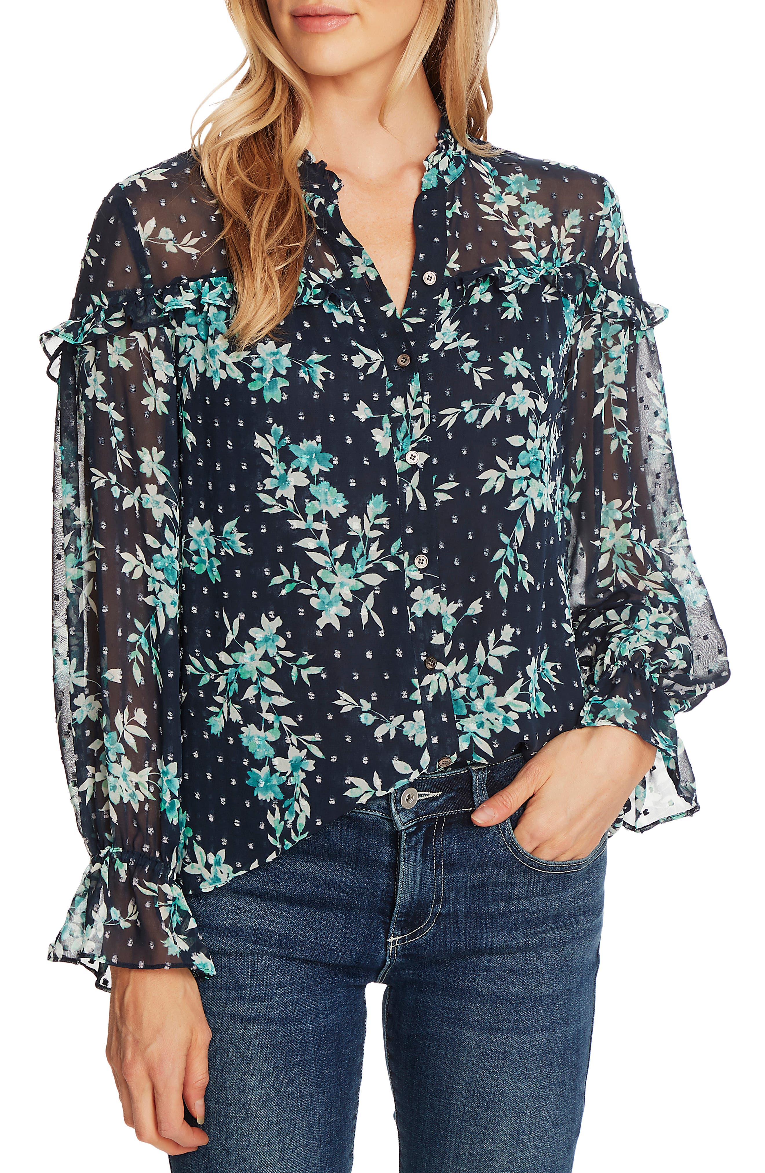 CeCe Breezy Bouquet Clip Dot Long Sleeve Blouse | Nordstromrack
