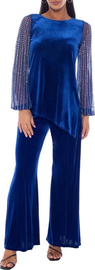Marina Velvet Embellished Sleeve Top & Flare Pants Set | Nordstromrack