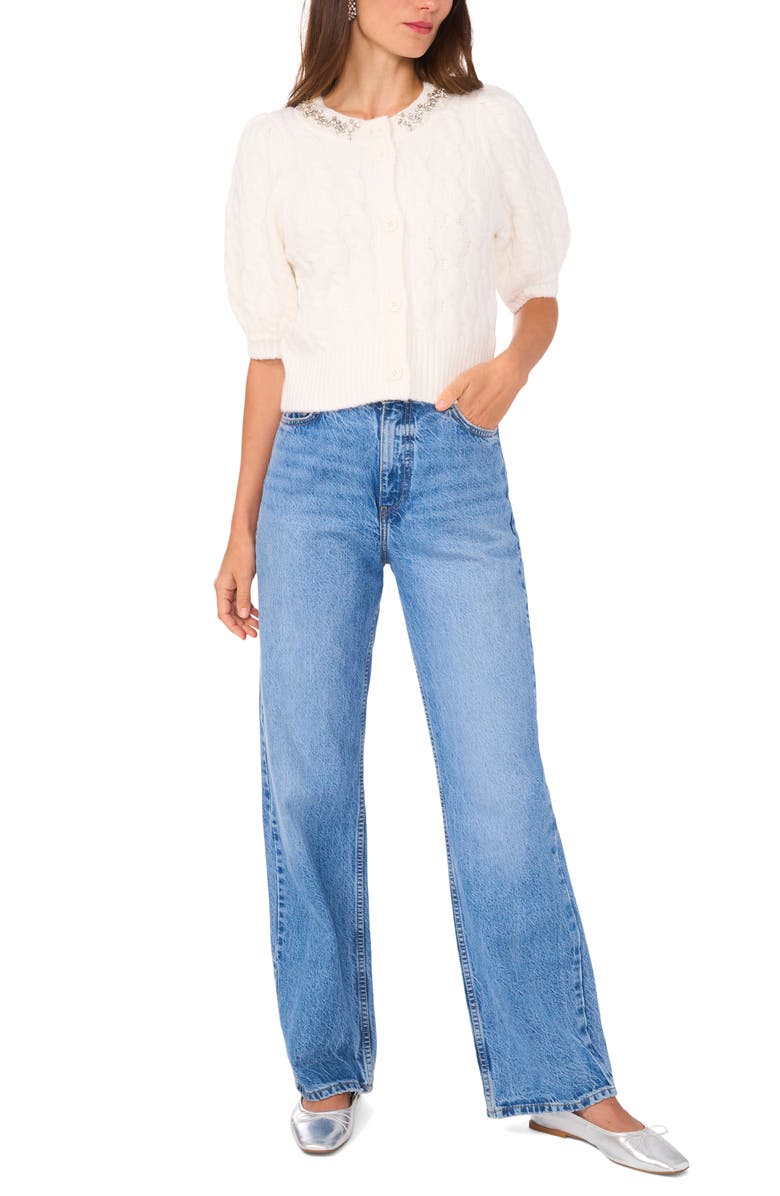1.STATE Rhinestone Short Puff Sleeve Cable Knit Cardigan | Nordstromrack