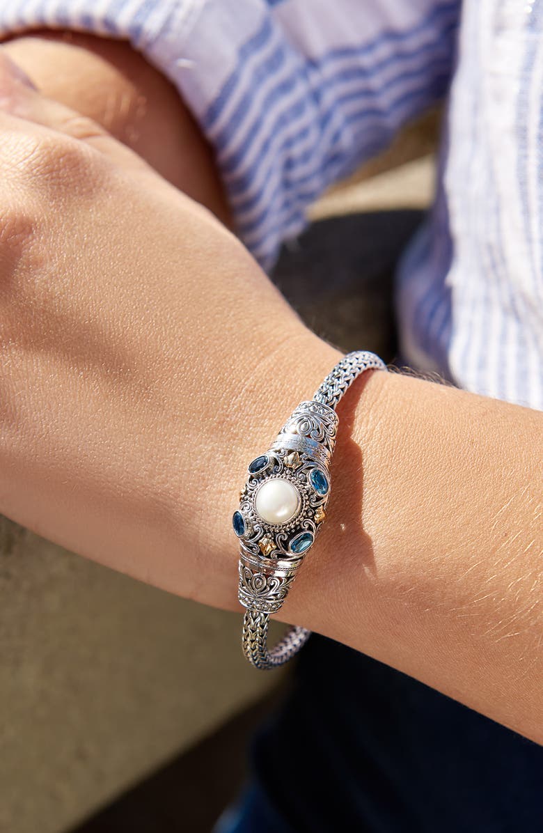 DEVATA Sterling Silver Bali Filigree Blue Topaz 8mm Freshwater Cultured ...