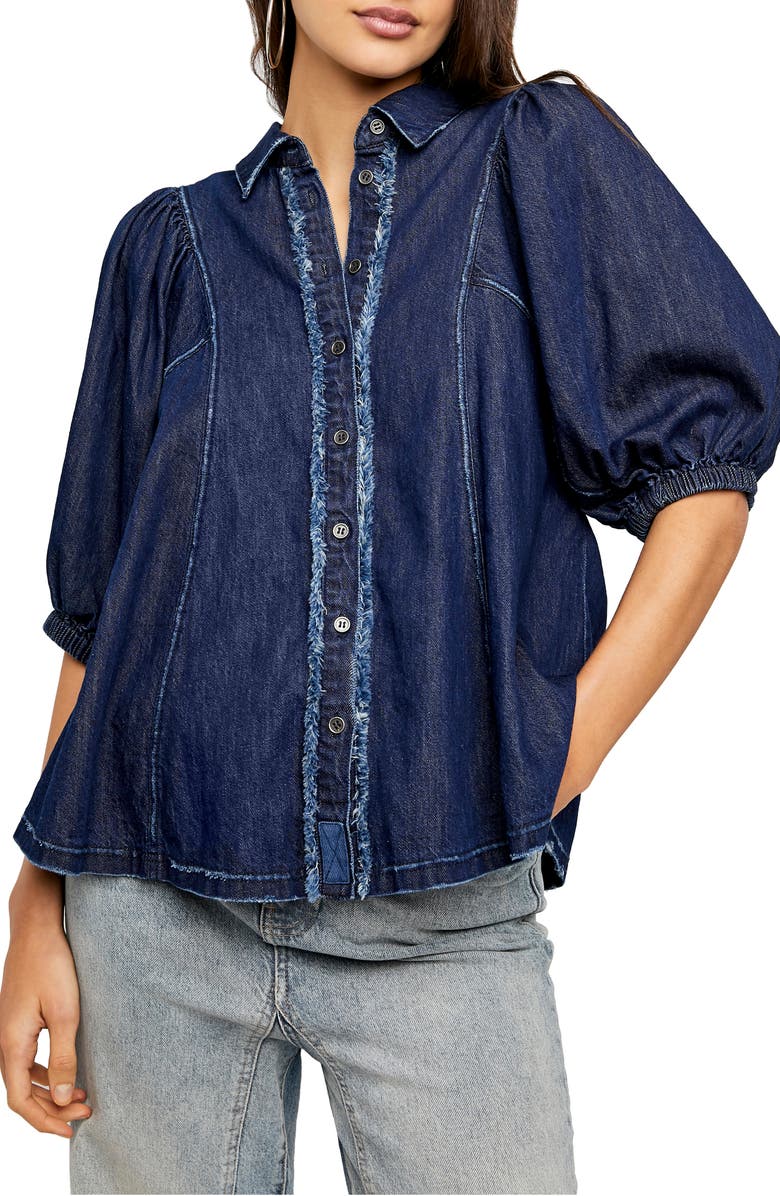 Free People Suhrie Puff Sleeve Denim Button-Up Shirt | Nordstromrack