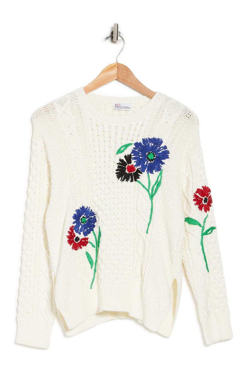 RED Valentino Floral Embroidered Cable Knit Sweater | Nordstromrack