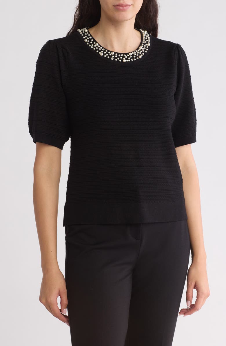 Adrianna Papell Faux Pearl Trim Short Sleeve Sweater | Nordstromrack