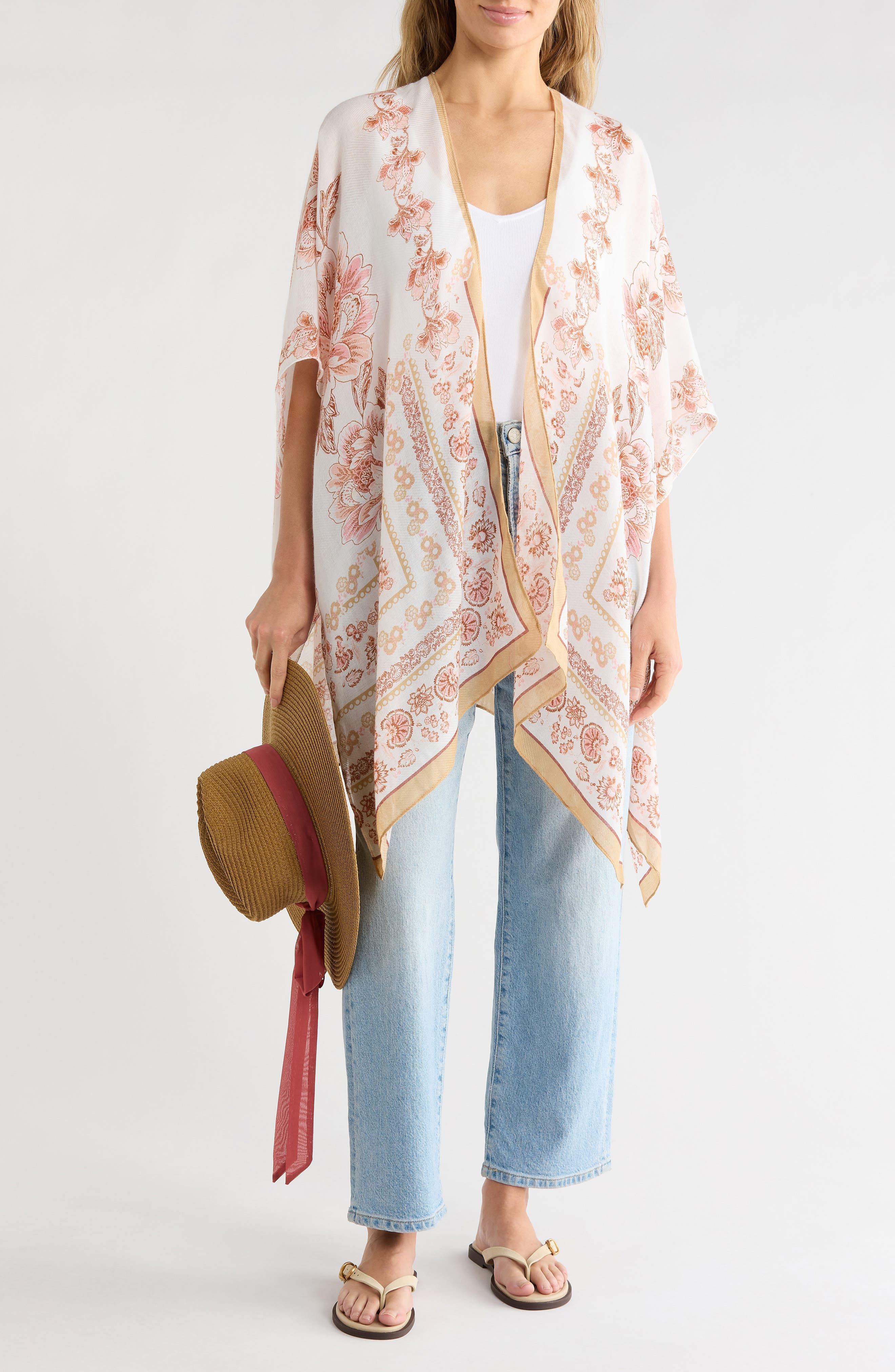 Vince Camuto Floral Scarf Print Ruana & Straw Hat Set | Nordstromrack