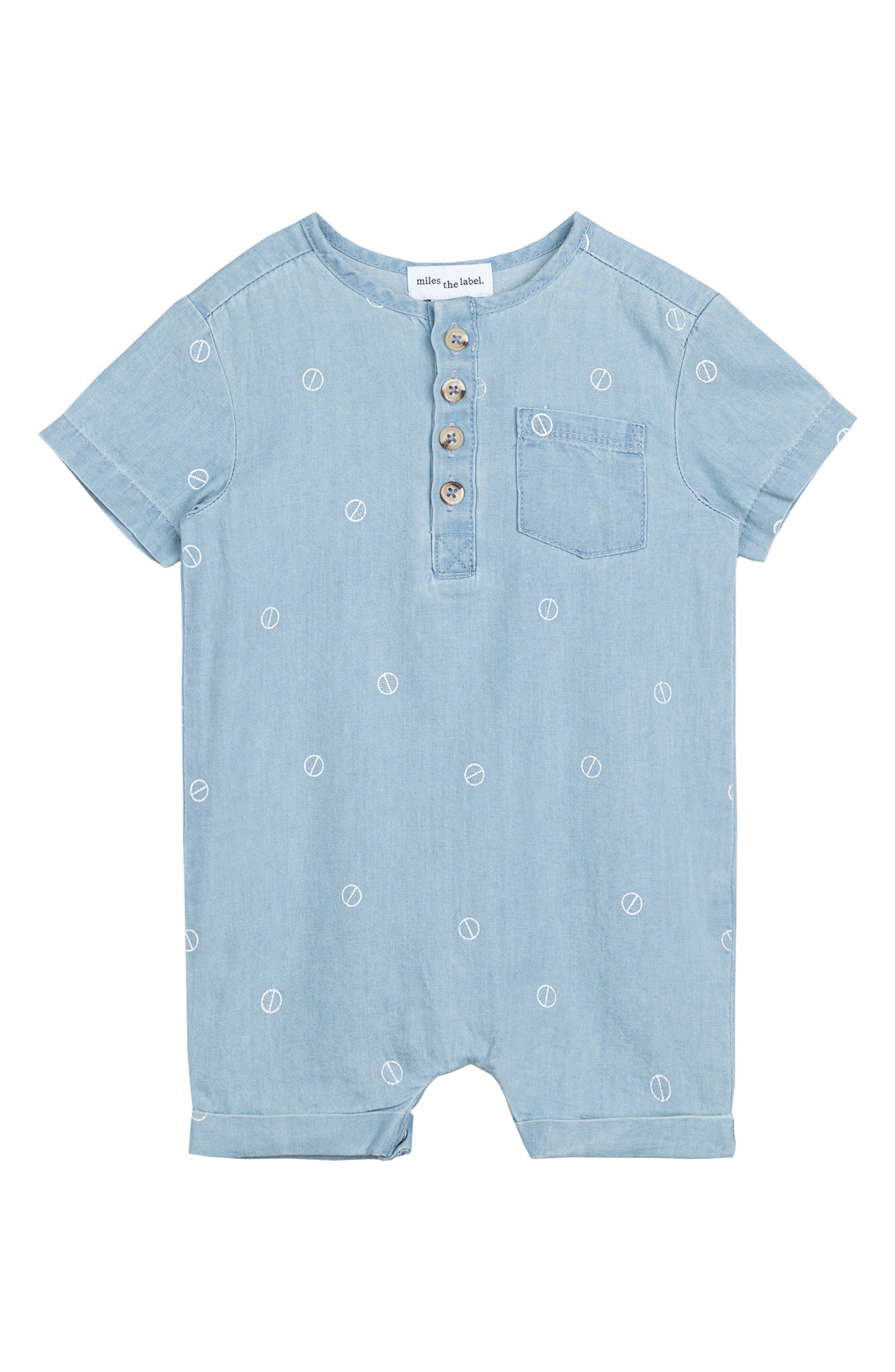 MILES THE LABEL Dot Print Short Sleeve Organic Cotton Henley Romper ...